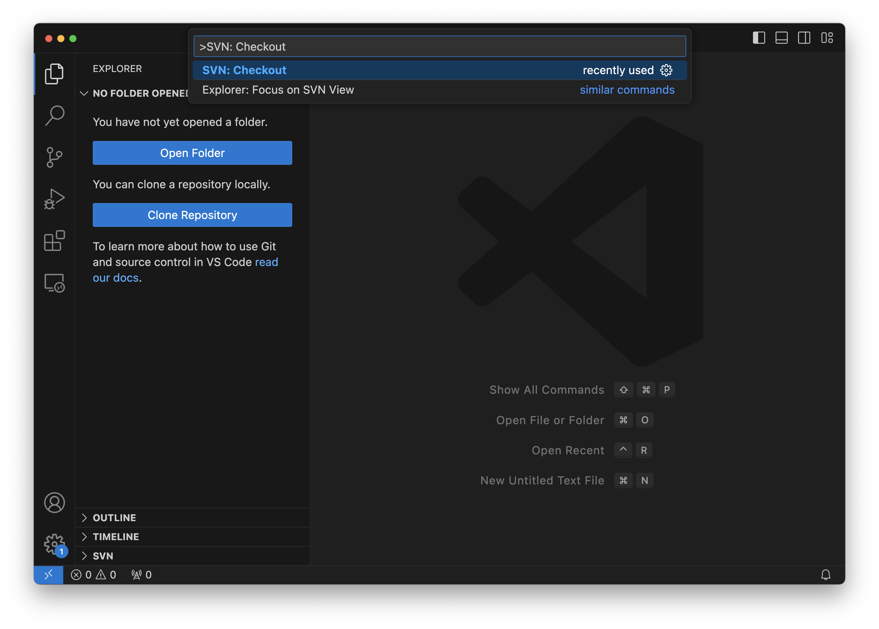 Press ctrl+shift+p, type "SVN: Checkout", and press enter